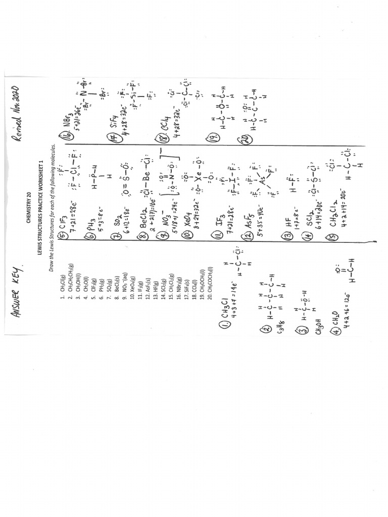 Chemistry 20 Lewis Structure Practice Sheet KEY 2020QA | PDF
