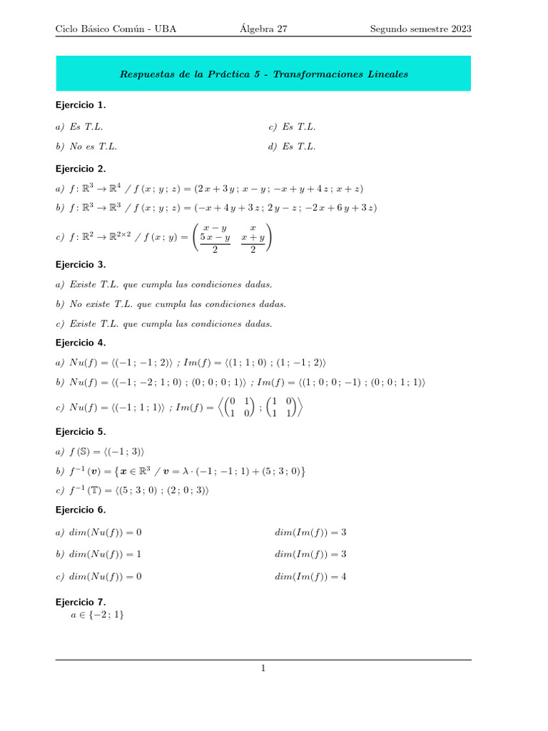 ÁLGEBRA 27 - P5 - TRANSFORMACIONES LINEALES - RTA | PDF | Álgebra lineal | Relaciones matematicas