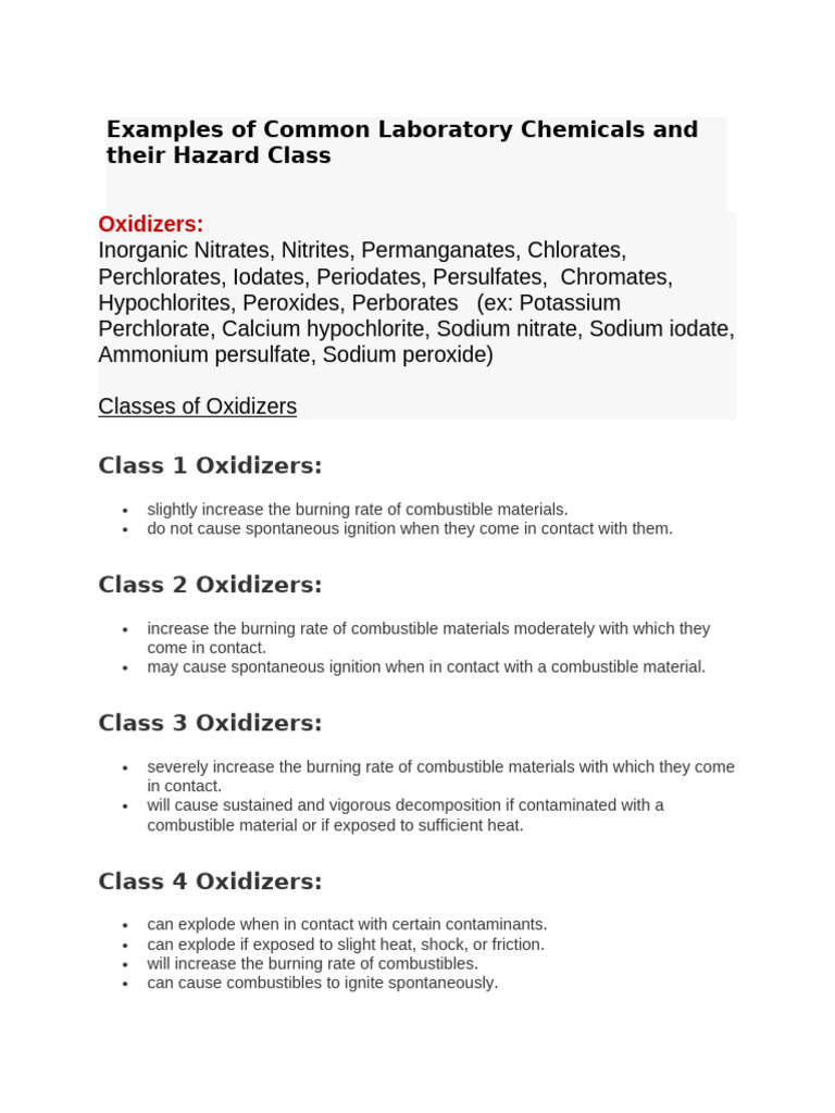 Examples of Common Laboratory Chemicals and Their Hazard Class - 074458 ...