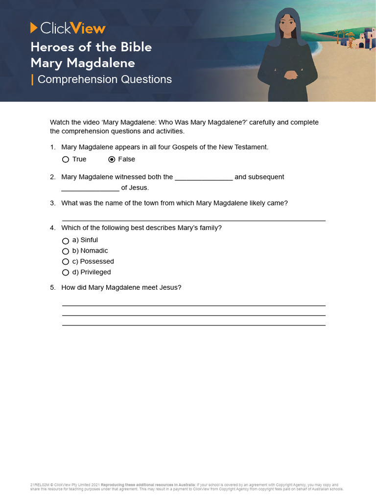Zavier Modeley - Mary Magdalene Clickview Comprehension Questions | PDF ...