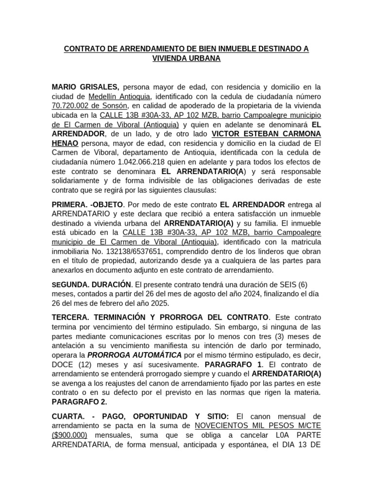 Contrato de Arrendamiento de Bien Inmueble Destinado A Vivienda Urbana Don Mario | PDF | Pagos ...