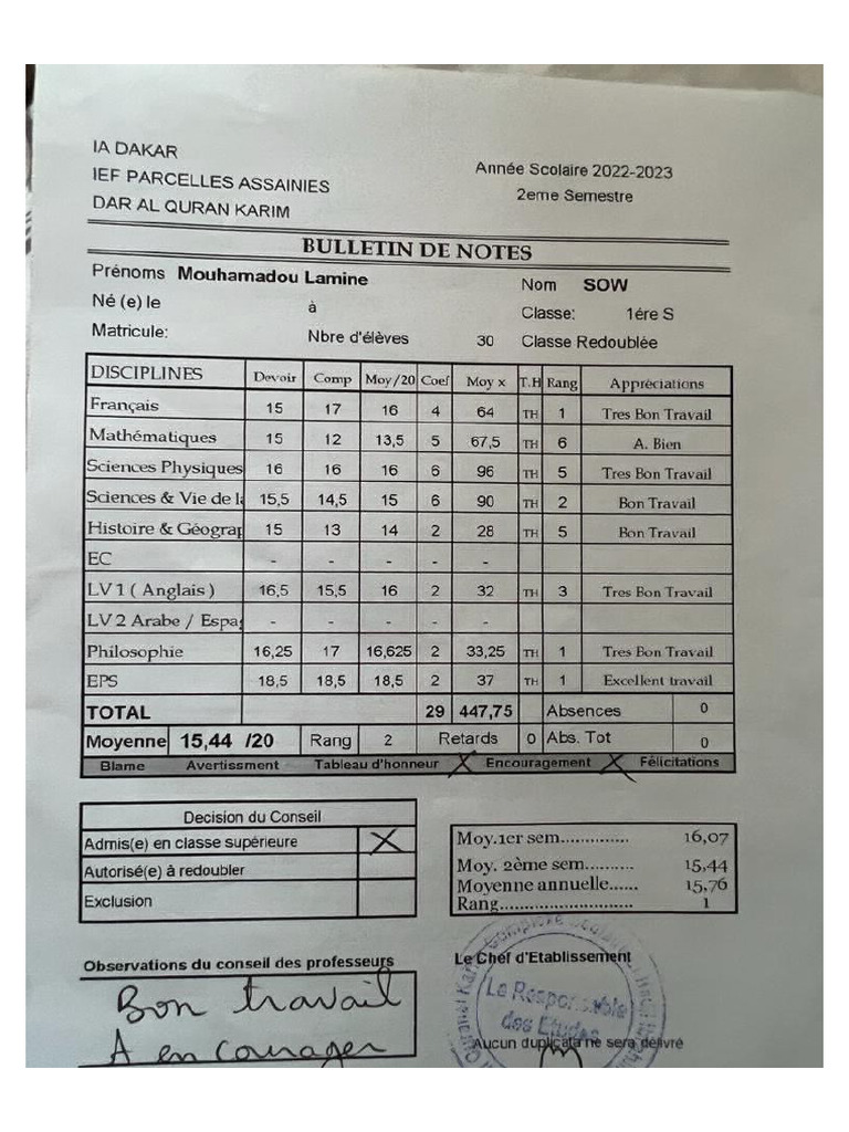 Bulletin de Notes 1ere S2 | PDF