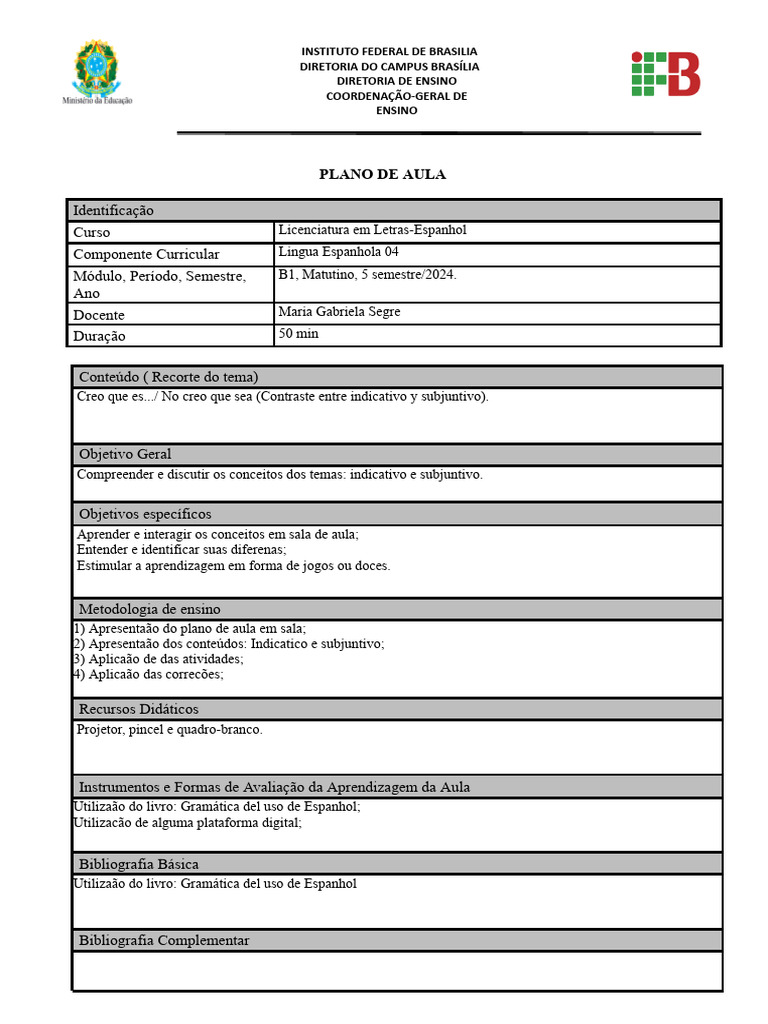 Plano De Aula Modelo 1 Ed 2 Pdf