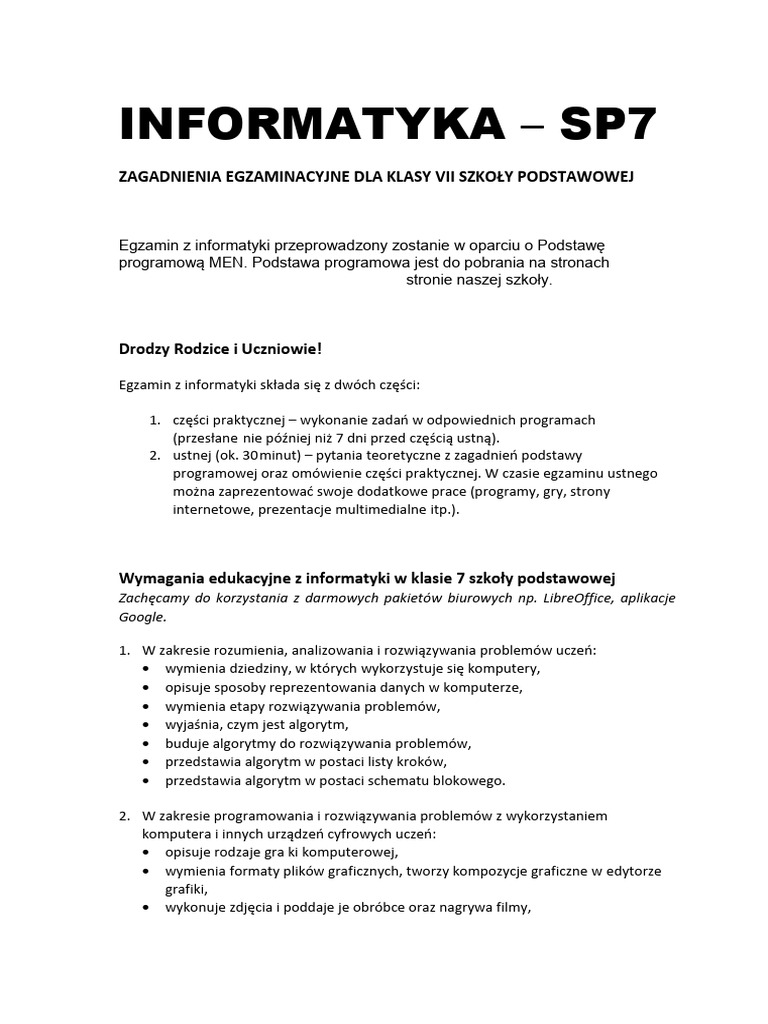 INFORMATYKA Klasa 7 SP Tresci Zadan 2019 2020 | PDF