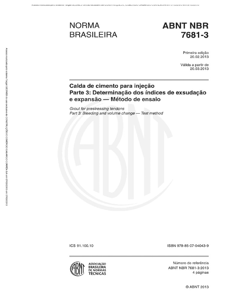 ABNT NBR 7681-3 - Calda de Cimento para Injeção - Parte 3 Determinação ...