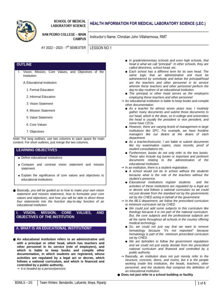 Himls Lec Transes Week 1 | PDF | Schools | Curriculum