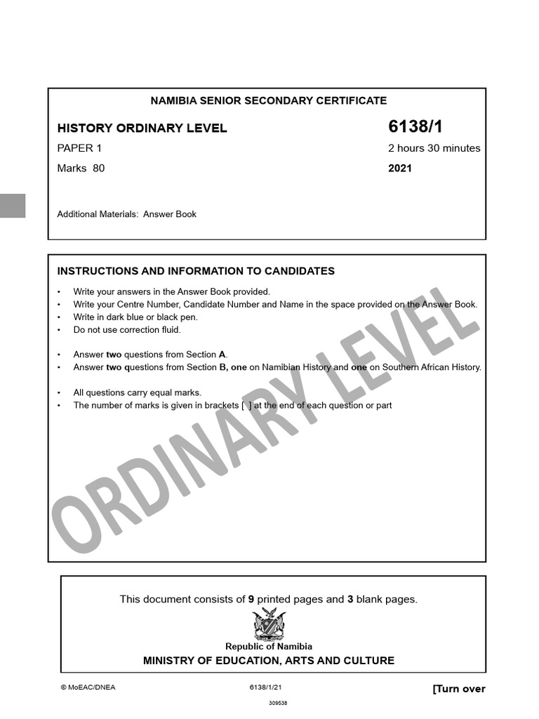 Namibia History O-Level Exam Paper 2021 | PDF | International Relations