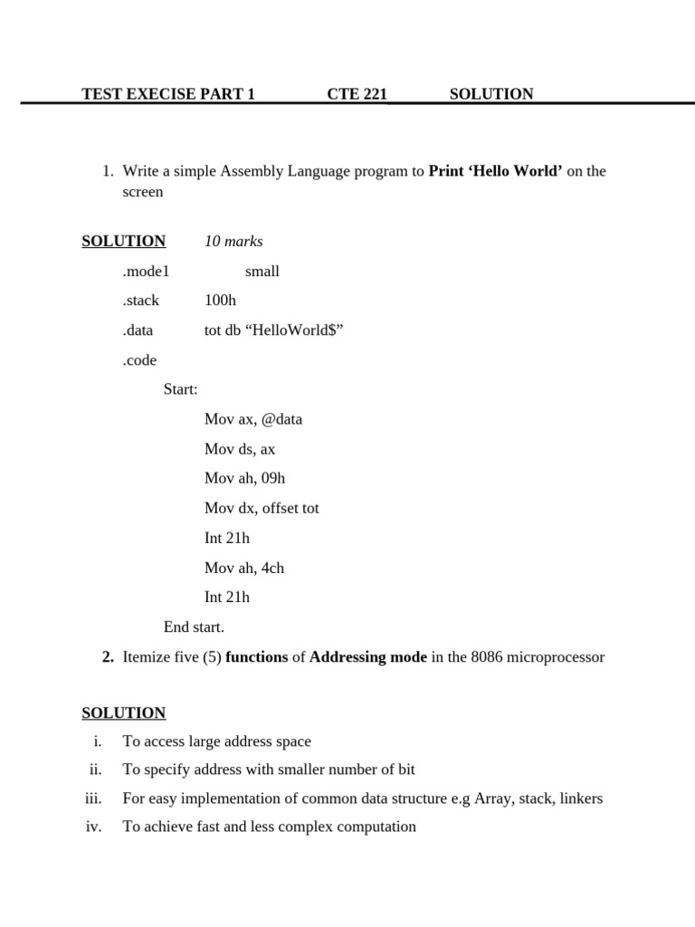 Test Exercise Solution Cte 221 | PDF | Assembly Language | Pointer ...