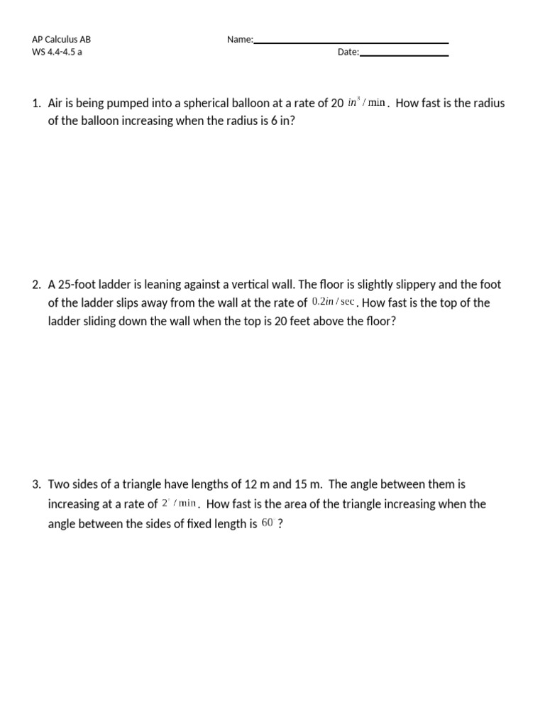 AP Calc AB WS 4.4-4.5 A Related Rates | PDF