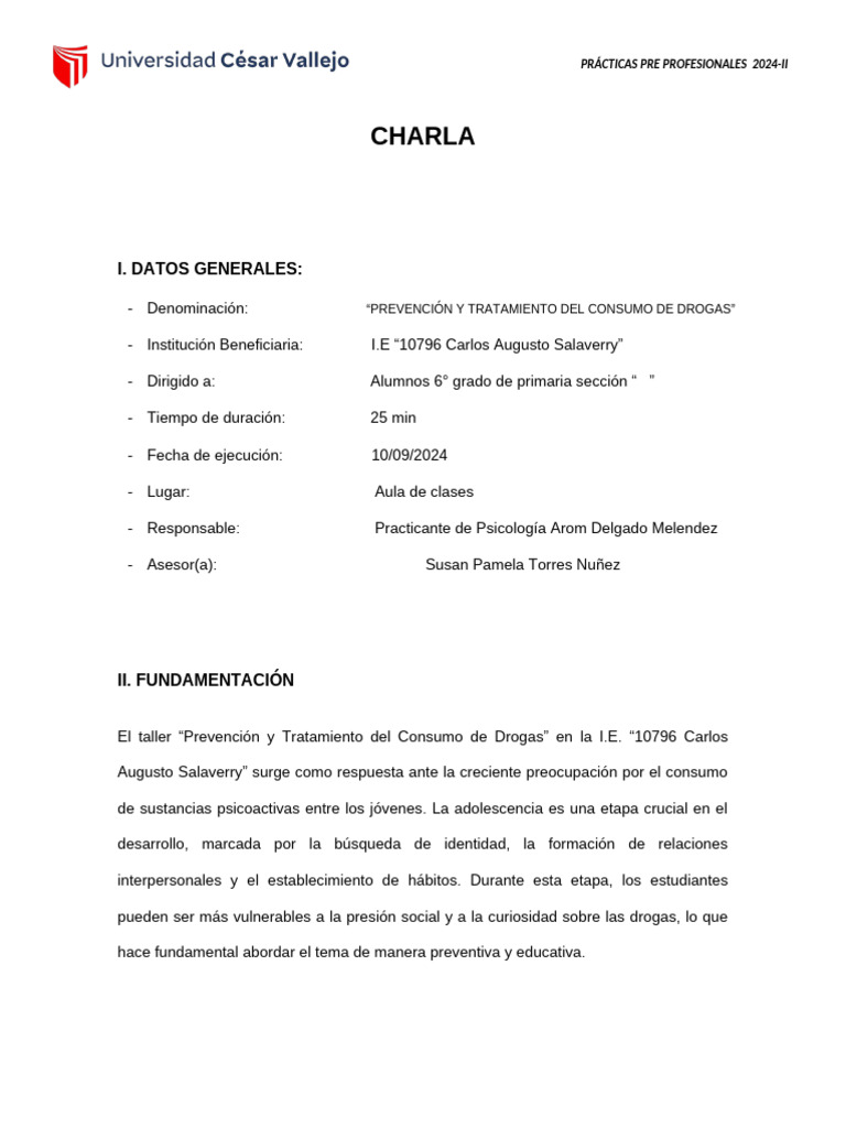 Esquema de Charla - "Prevención y Tratamiento Del Consumo de Drogas | PDF | La dependencia de ...