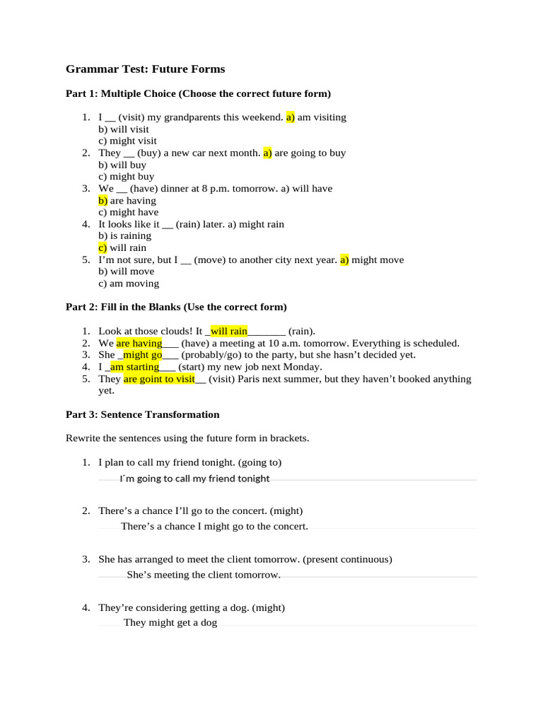Future Tense Grammar Test | PDF | Teaching Methods & Materials