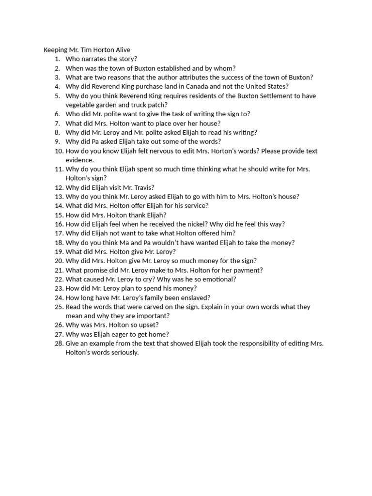 Keeping Mr. John Holton Alive Questions | PDF