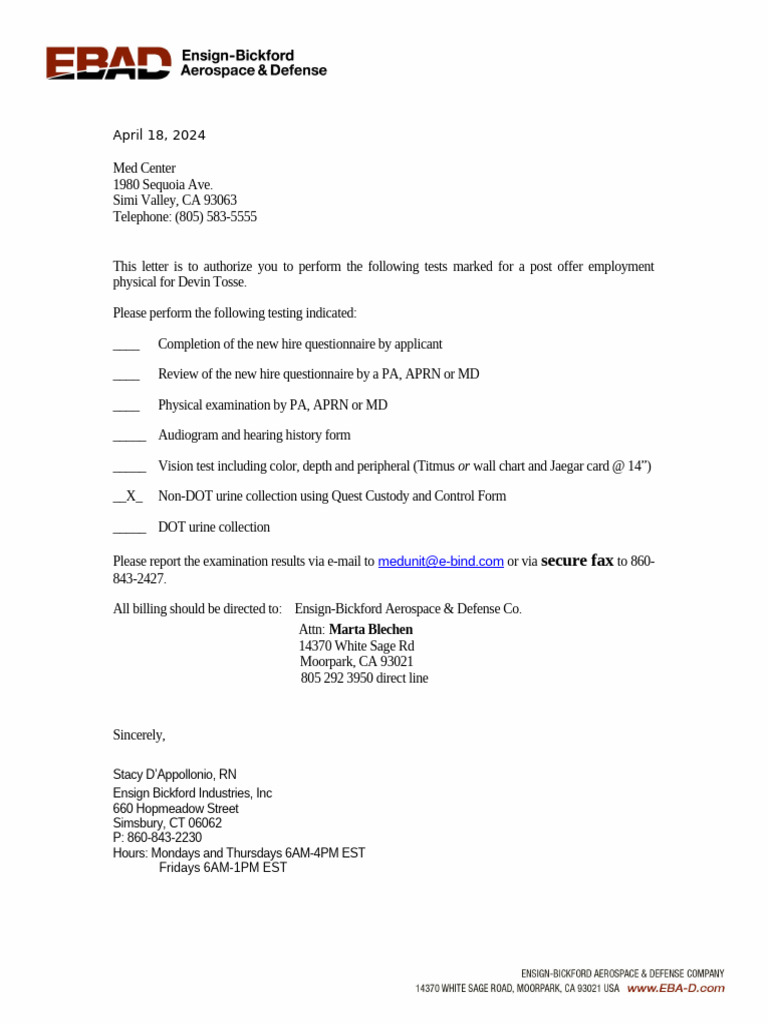Employment Physical Authorization | PDF