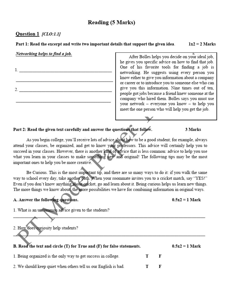 PT Model Paper ENG181 SP Medical College 20251 | PDF