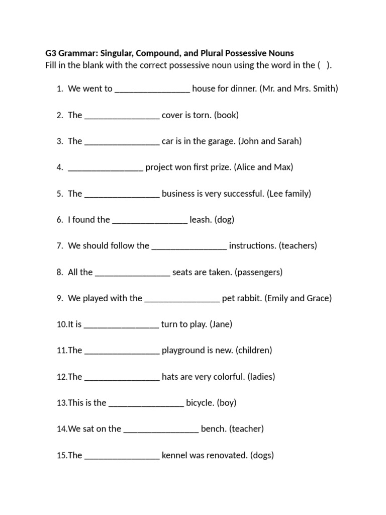 G3 Singular Compound and Plural Possessive Nouns | PDF | Teaching ...