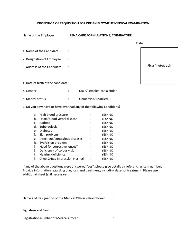 Pre Employment Medical Examination Proforma | PDF