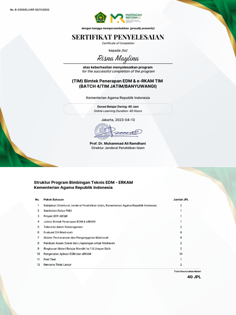 B.4 Sertifikat Bimtek EDM & Erkam RISNA | PDF