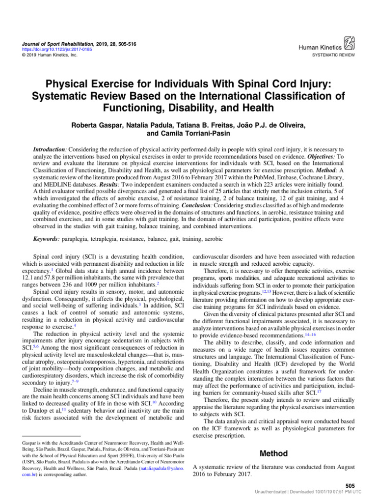 Physical Exercise For Individuals With Spinal Cord Injury Systematic | PDF | Balance (Ability ...