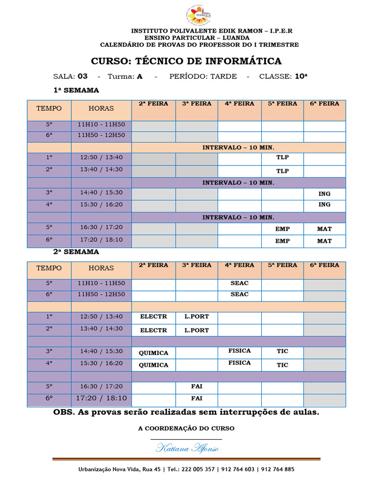 Calendário de Provas - Técnico de Informática | PDF