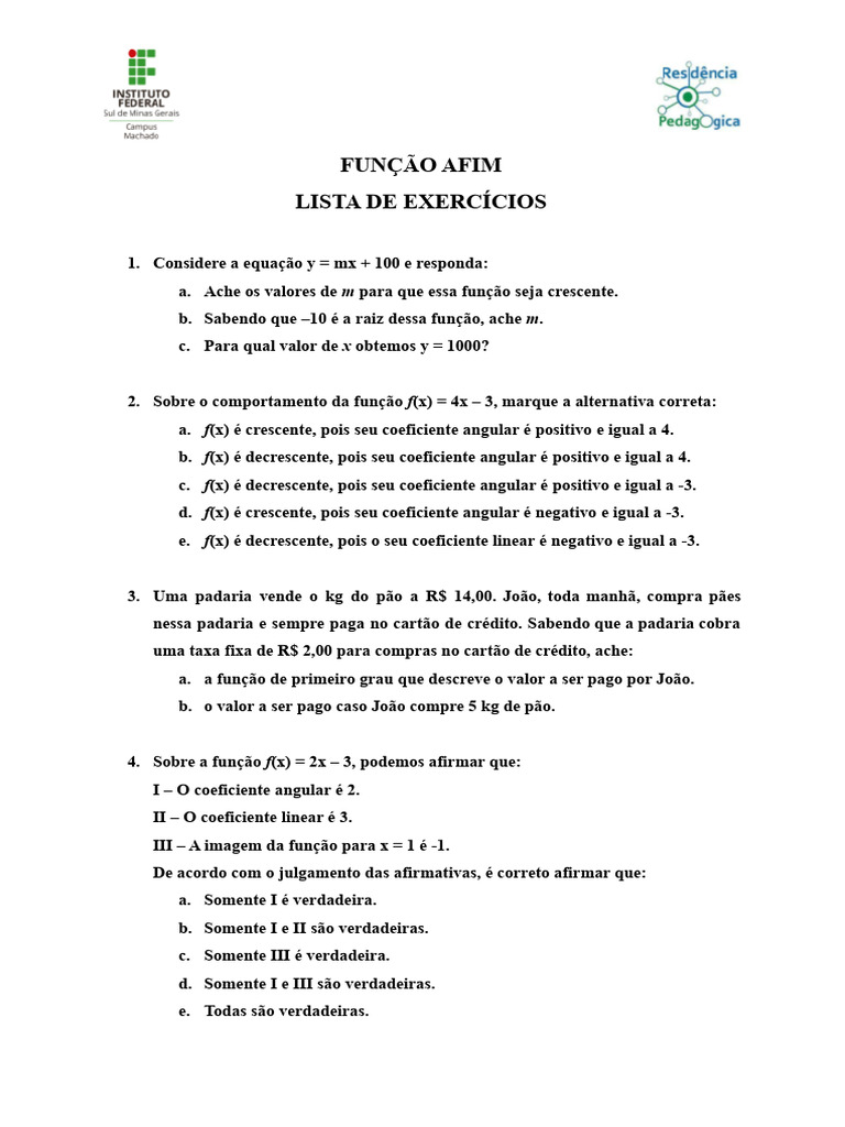 Função Afim Lista de Exercícios | PDF