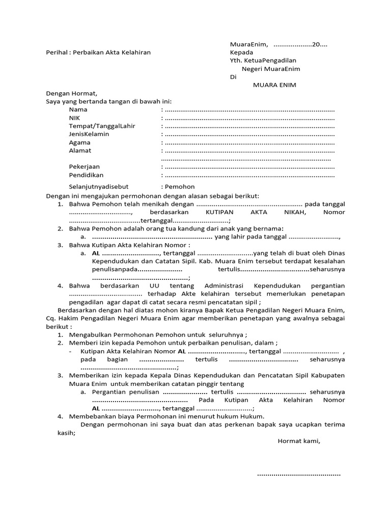 Permohonan Perbaikan Akta Kelahiran | PDF