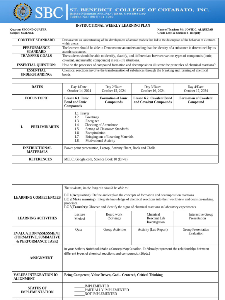 AMT grade 9 week 2 2nd Quarter | PDF | Chemical Compounds | Learning