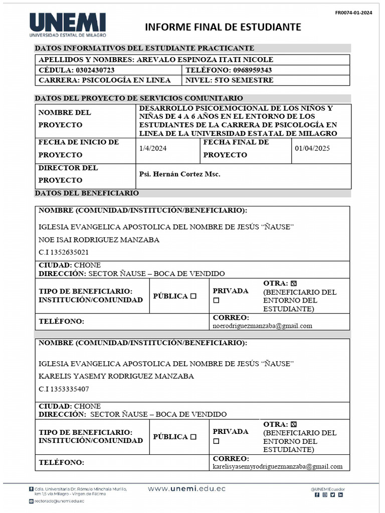 INFORME FINAL DEL ESTUDIANTE - Signed (3) - Compressed | PDF | Sicología | Evaluación