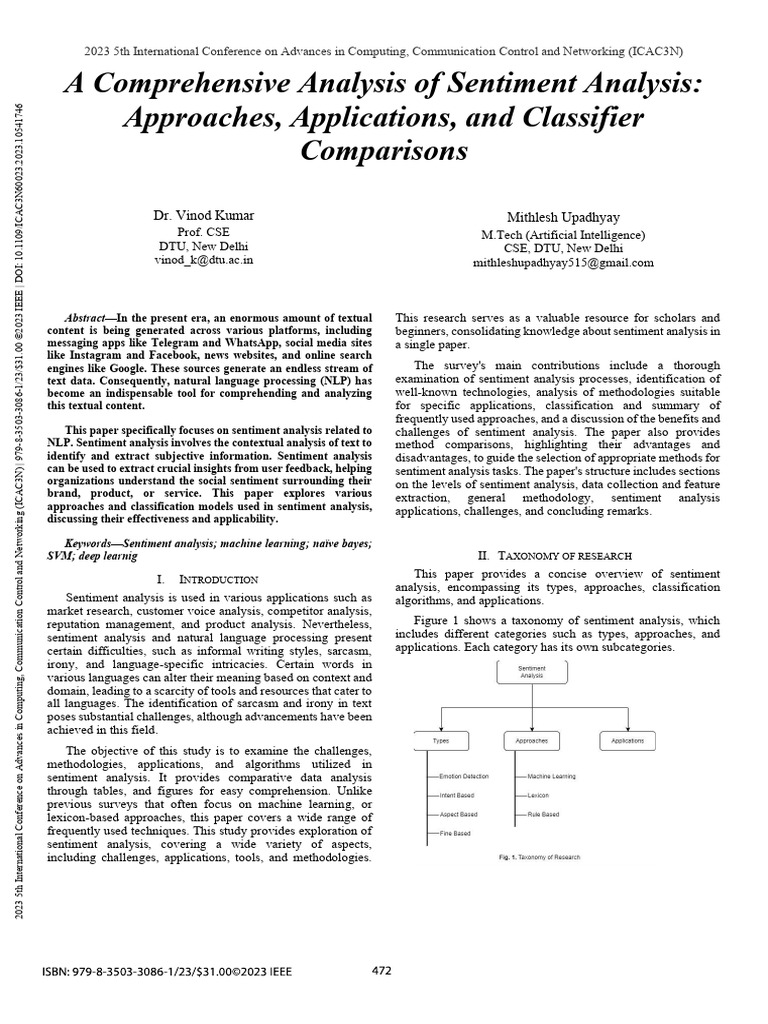 A Comprehensive Analysis of Sentiment Analysis Approaches Applications and Classifier ...