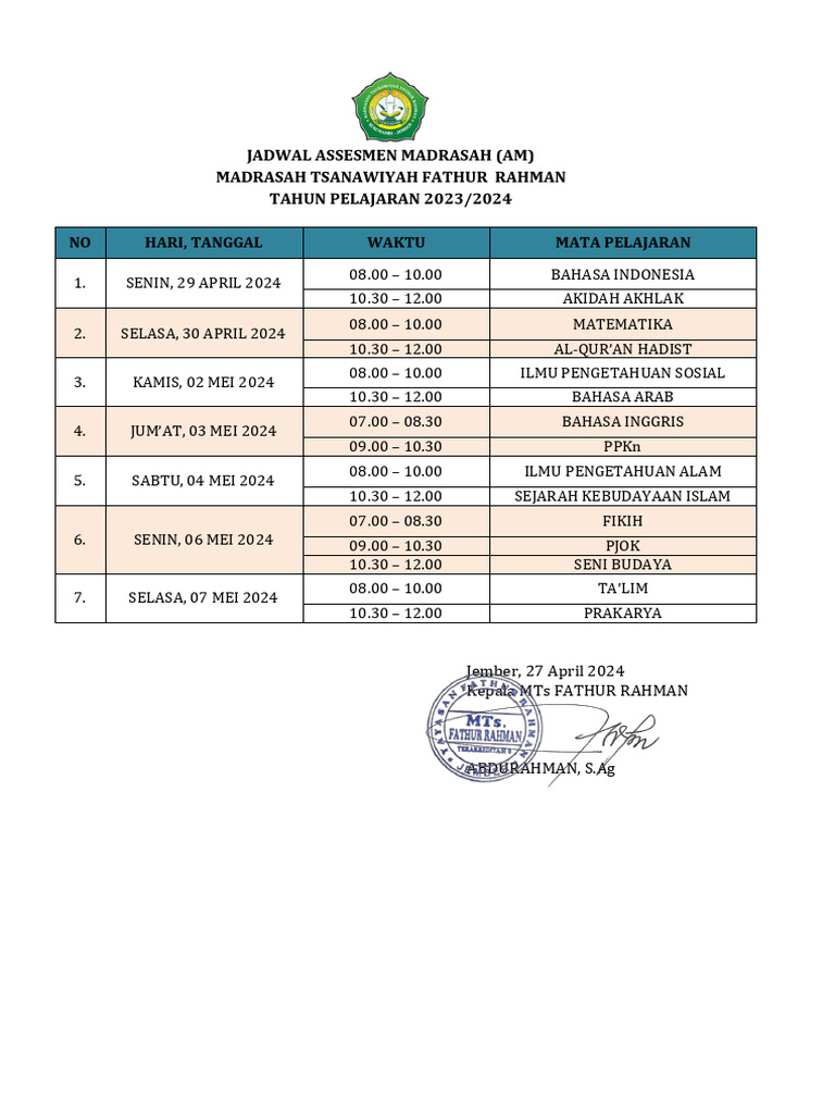 Jadwal Asesmen Madrasah 2024 MTs Fathur Rahman | PDF