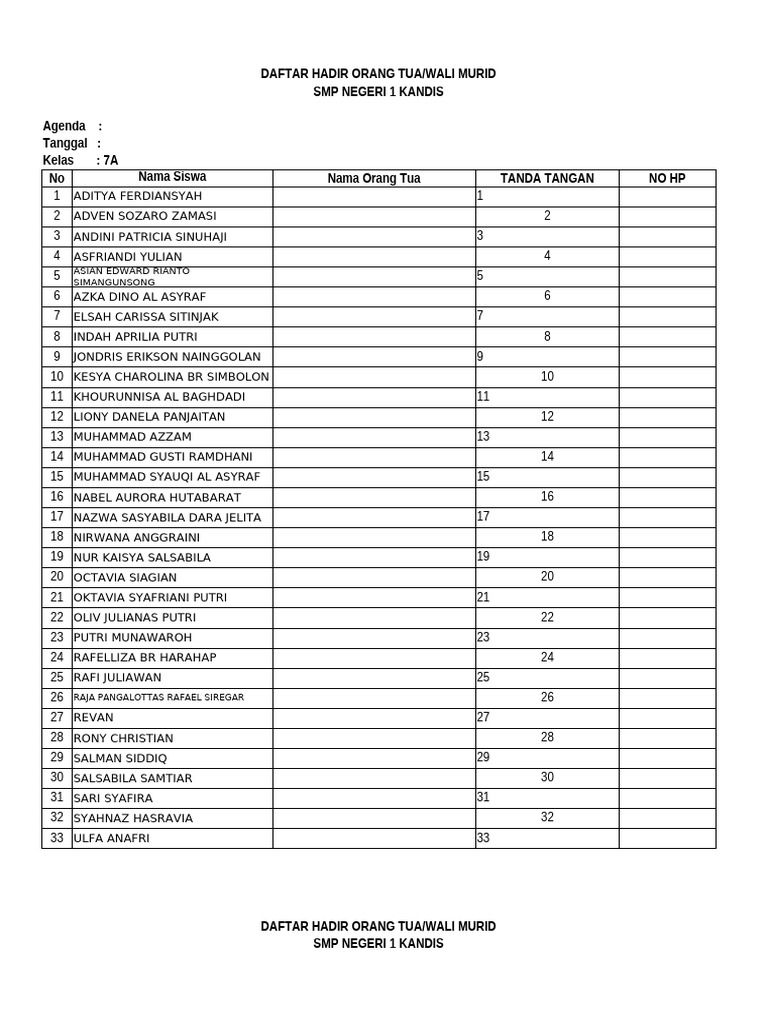 Daftar Hadir Ortu Untuk Ambil Rapor Mid | PDF