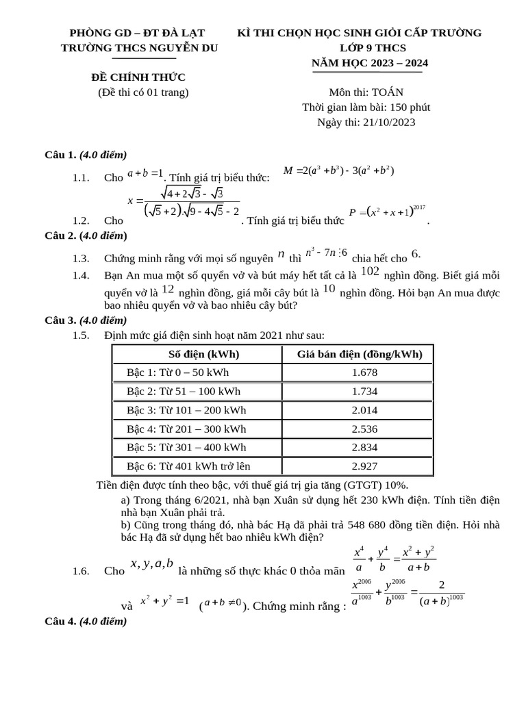 De Chon Hoc Sinh Gioi Toan 9 Nam 2023 2024 Truong Thcs Nguyen Du Lam Dong | PDF