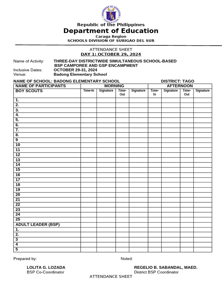 aTTENDANCE sHEET FOR BSP AND GSP BY SCHOOL | PDF | Government ...
