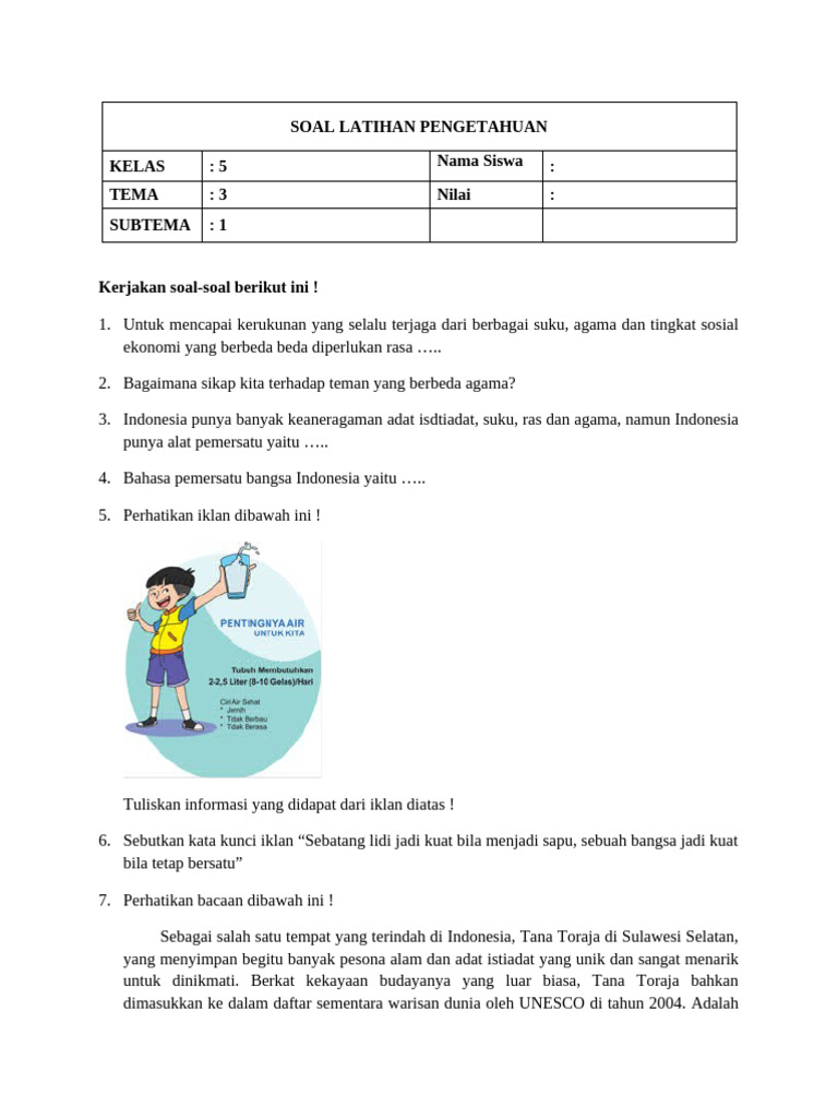 Soal Latihan Pengetahuan Tema 3 Sub 1 Kelas 5 | PDF | Sains & Matematika