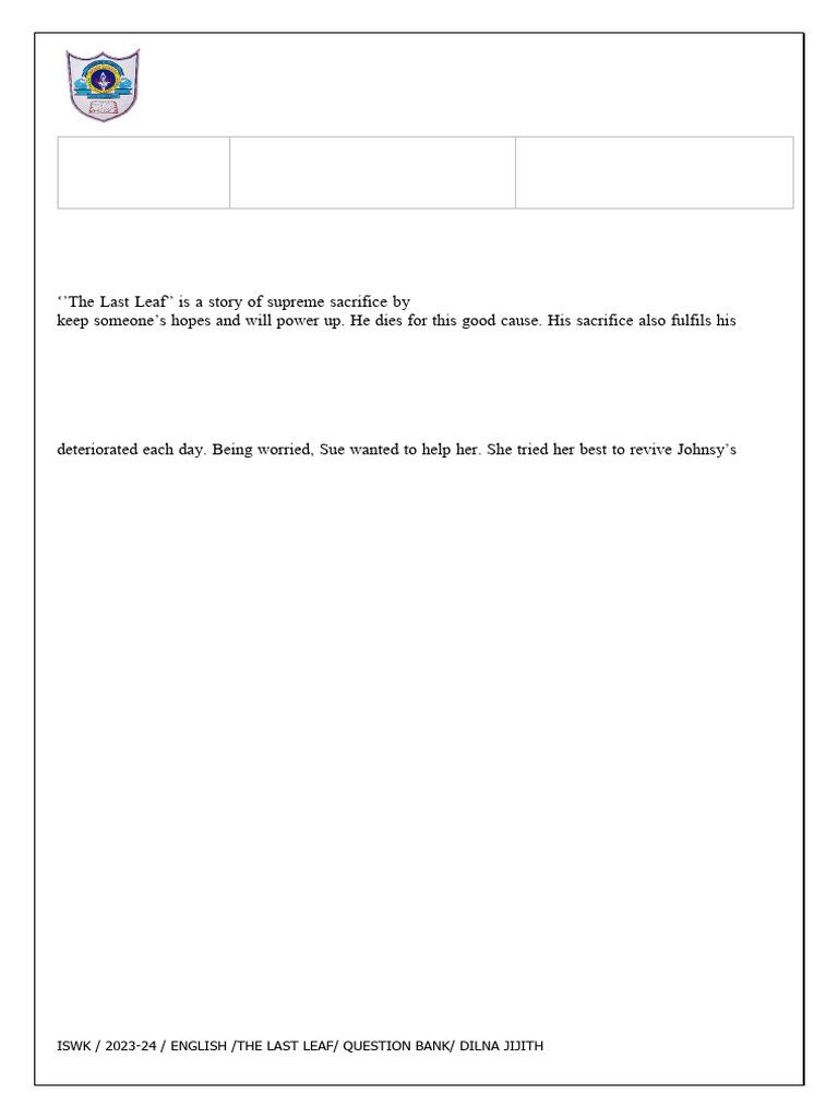 The Last Leaf: Class IX Question Bank | PDF
