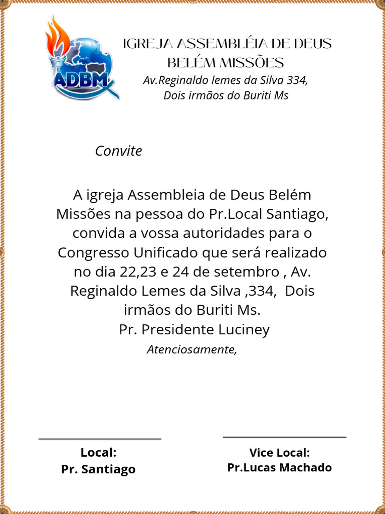 Modelo Carta Convite Igreja Do Carmo Porto