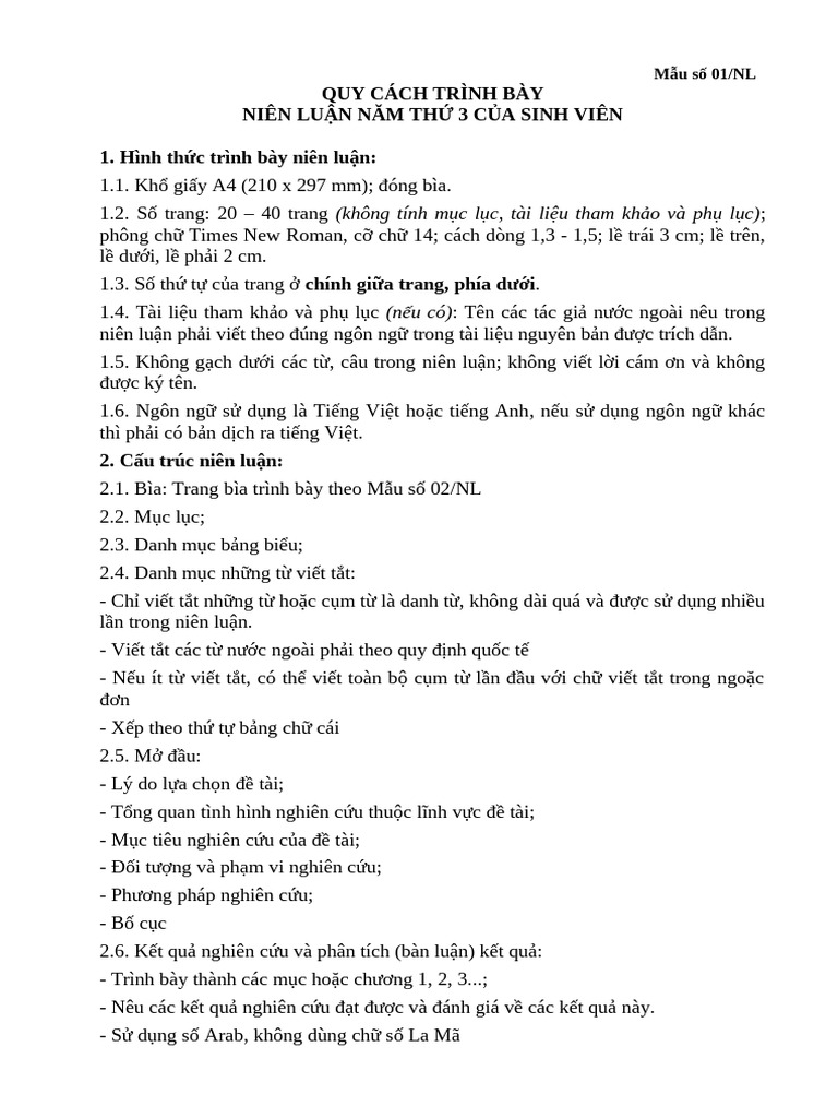 MS 01 NL - Quy cách trình bày niên luận USSH | PDF