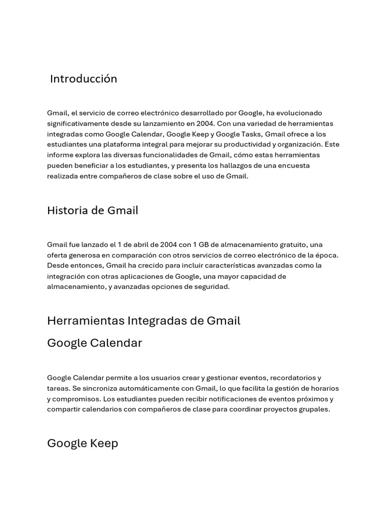 # Informe Sobre Las Funcionalidades de Gmail y Su Impacto en | PDF | Gmail | Tecnologías de la ...