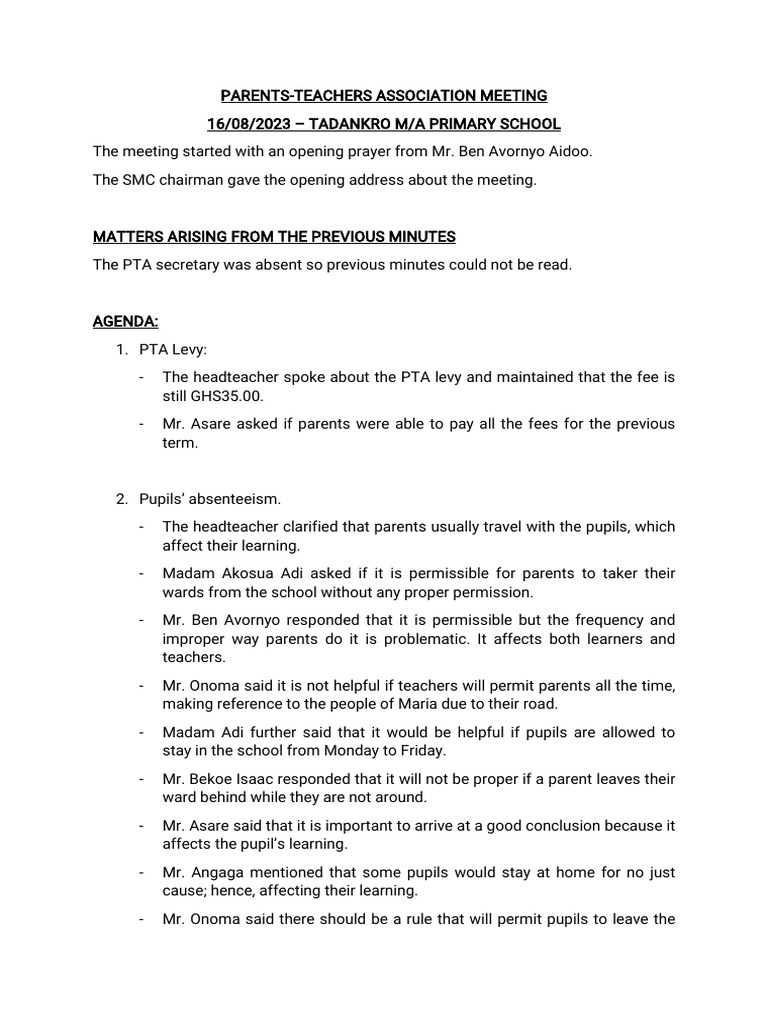 Pta Meeting Minutes | PDF