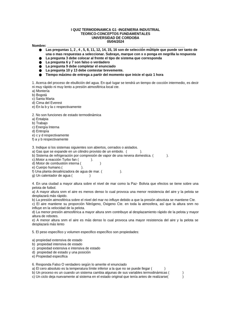 Quiz Conceptos Fundamentales Termodinamica G1 2024-2 | PDF | Termodinámica | Gases