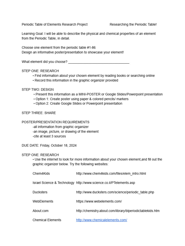 Periodic Table Element Research Project | PDF | Chemical Elements ...