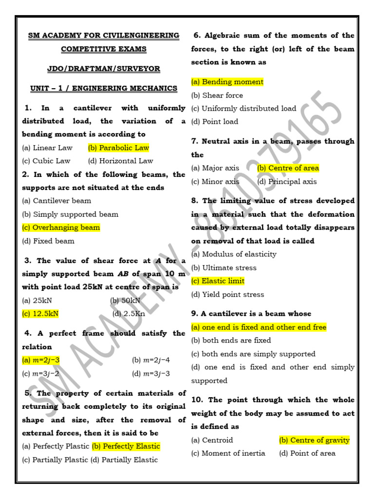 Civil Engineering Exam Prep: Mechanics | PDF | Bending | Beam (Structure)