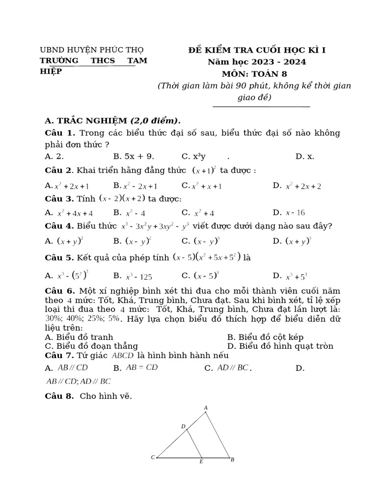 De Cuoi Hoc Ki 1 Toan 8 Nam 2023 2024 Truong Thcs Tam Hiep Ha Noi | PDF