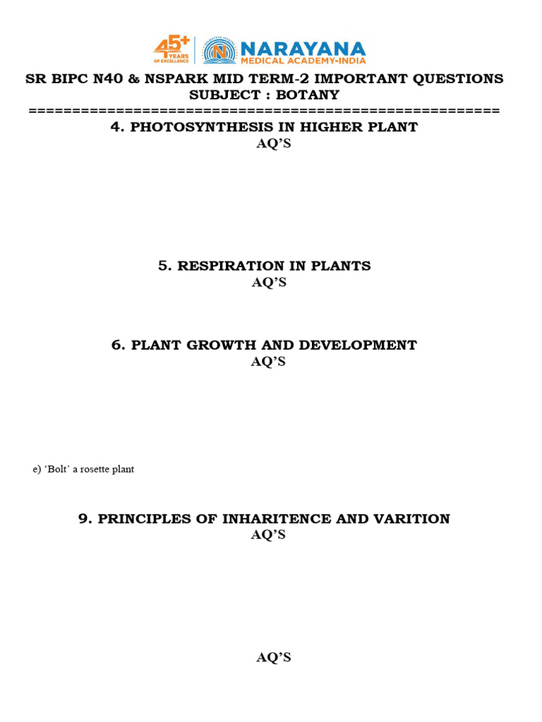 SR N40 & Nspark Botany - Imp Questions For Term-Ii | PDF | Dominance (Genetics) | Dna