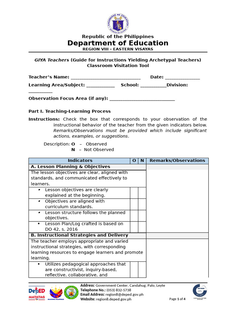 GIYA Classroom Visitation Tool | PDF | Learning | Educational Assessment