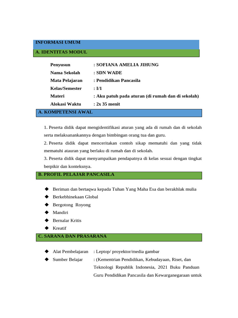 RPP Kurikulum Merdeka PPKN Kelas 1 | PDF