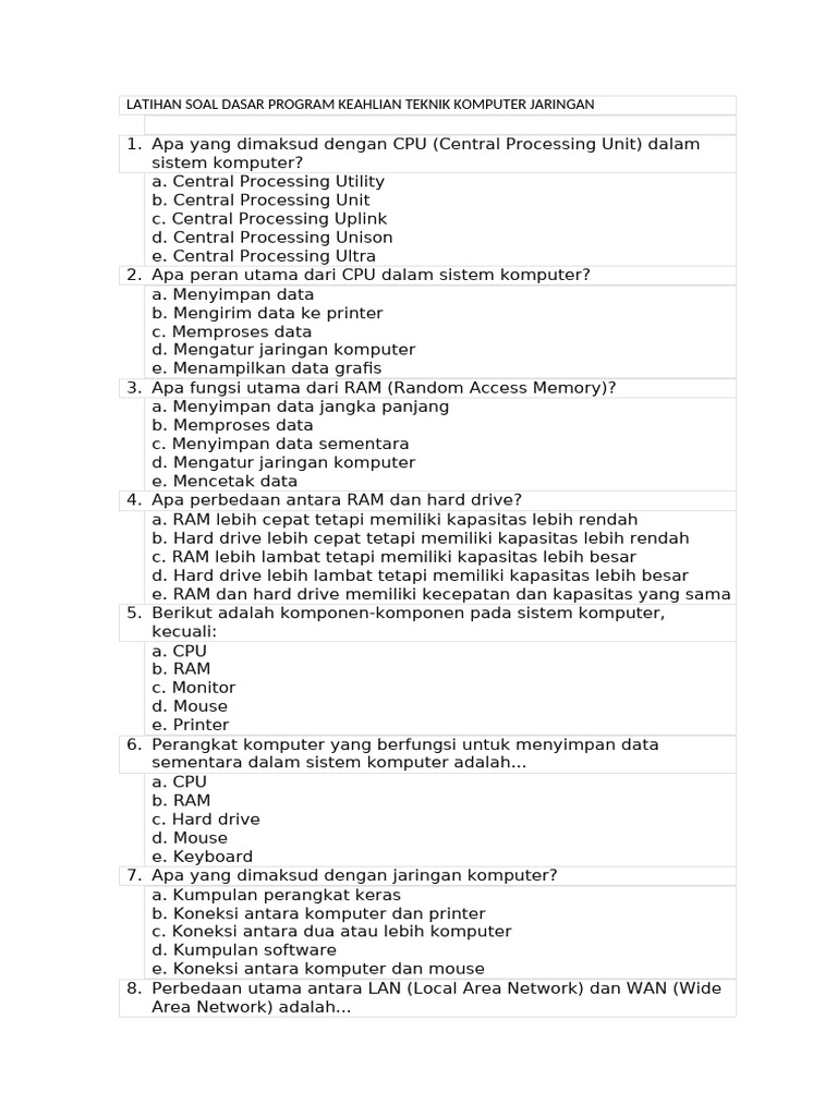 Latihan Soal Dasar Program Keahlian Teknik Komputer Jaringan | PDF | Komputer