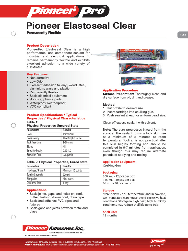 TDS Pioneer-Elastoseal-Clear 022019 | PDF | Materials | Building Engineering