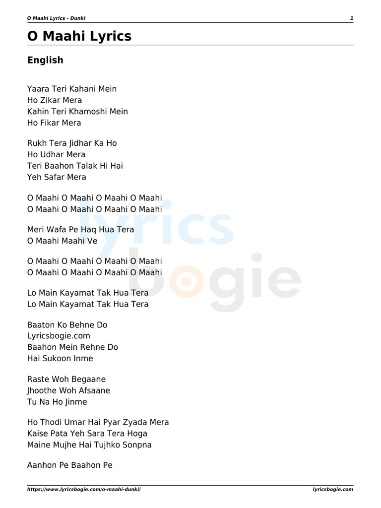 O Maahi Lyrics from Dunki | PDF | Language Arts & Discipline | Foreign ...