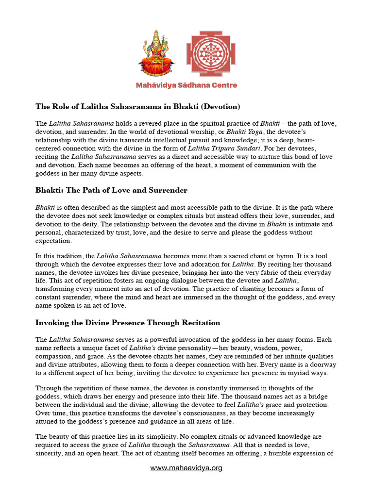 The Role of Lalitha Sahasranama in Bhakti (Devotion) | PDF | Bhakti | Spirituality