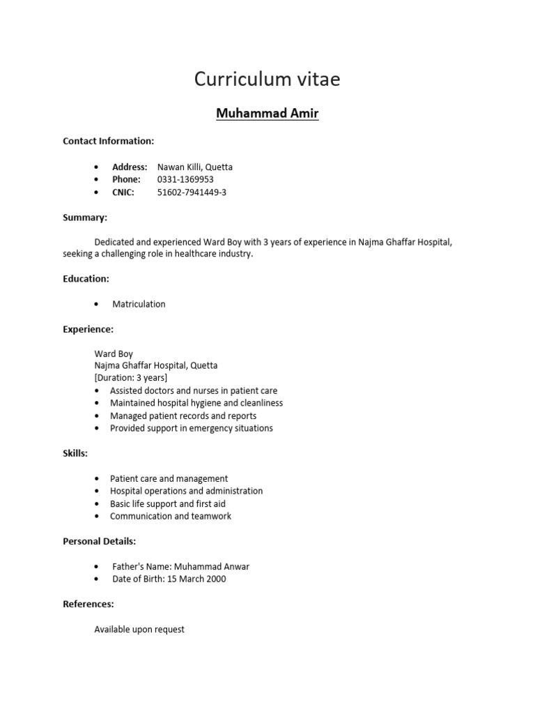 Ward Boy CV - Muhammad Amir | PDF | Science & Mathematics